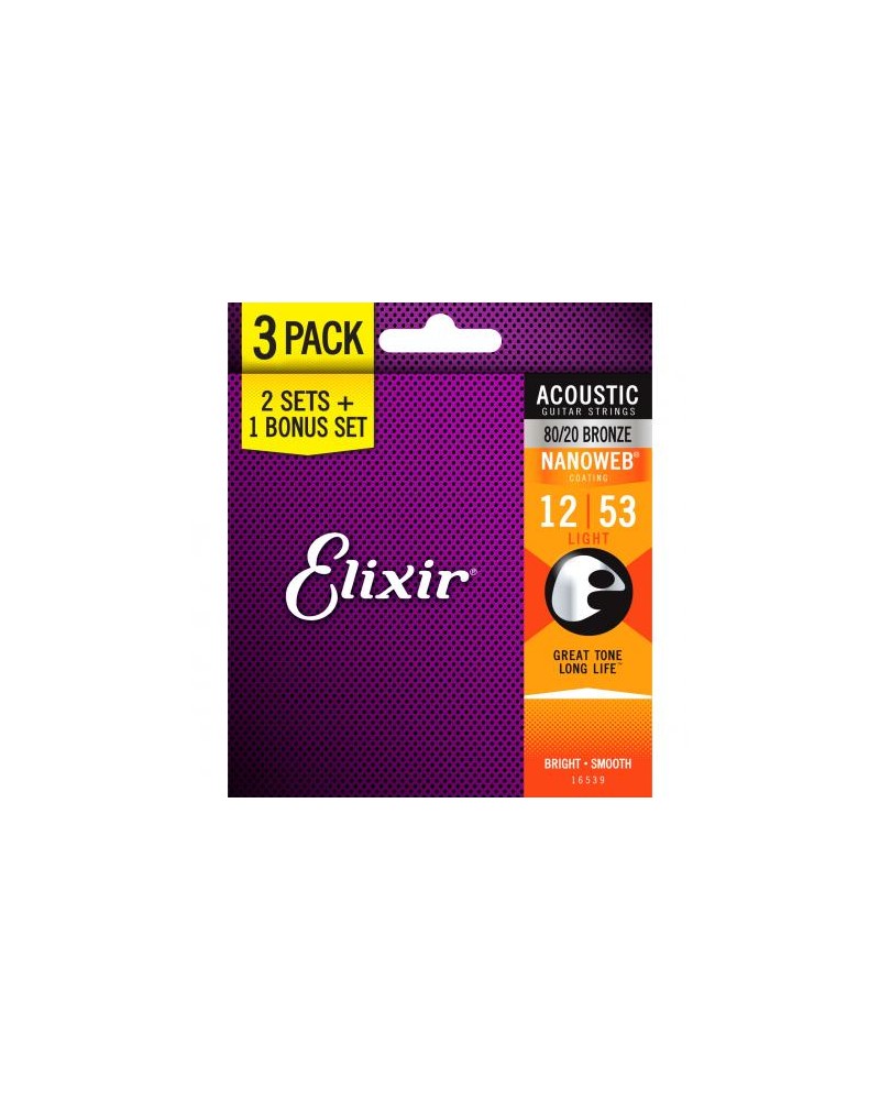Elixir 16539 3-Pack 80/20 Bronze Nanoweb 12-53 (11052)
